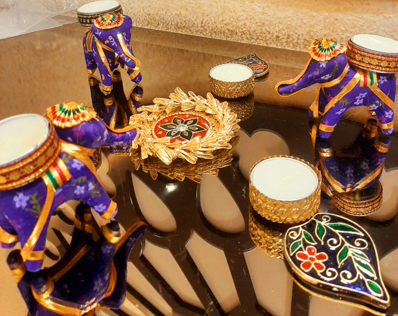 Royal Elephant Rangoli with Tealights - Pavitra Arts Festive Boutique